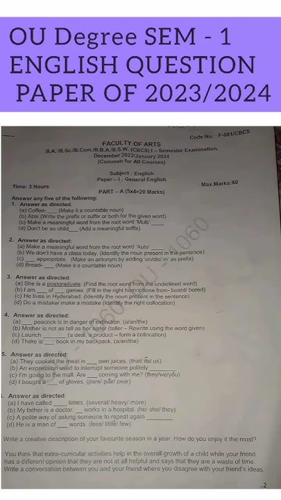 Osmania university Degree Semester - 1 ENGLISH QUESTION PAPER OF 2023/ ...
