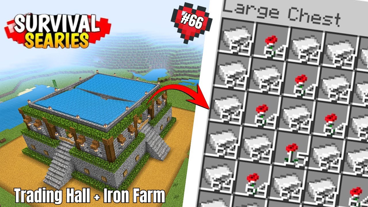 #66 Aesthetic Trading Hall and Iron Farm || In Minecraft PE & Java | 1. ...