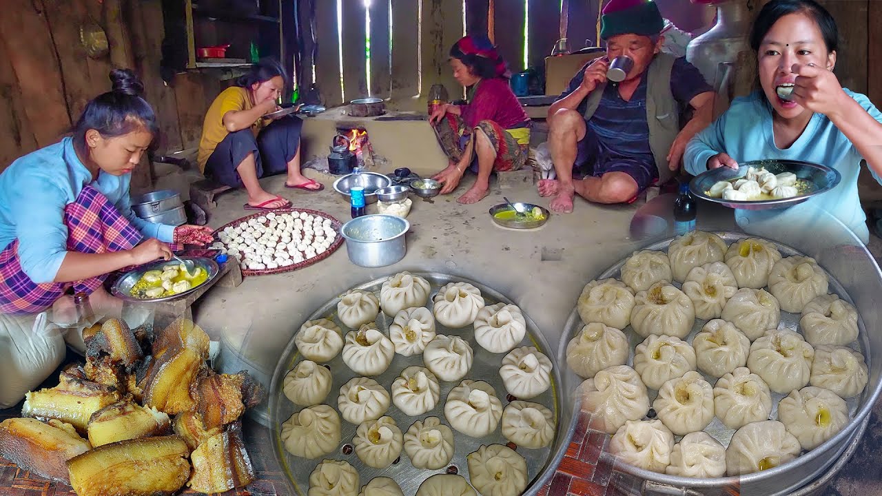 Home made pork momo Cooking & Eating in village kitchen with family ...