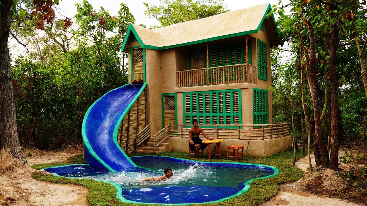Build Beautiful Luxury 2-story House Design And Custom Water Slide With Cute Outdoor Swimming ...