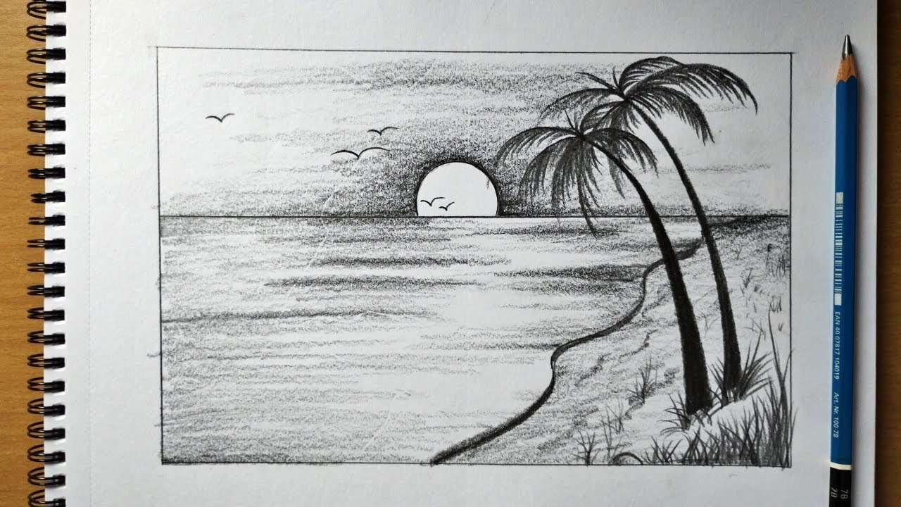 easy seascape drawing | ocean beach scenery drawing step by step | sea ...