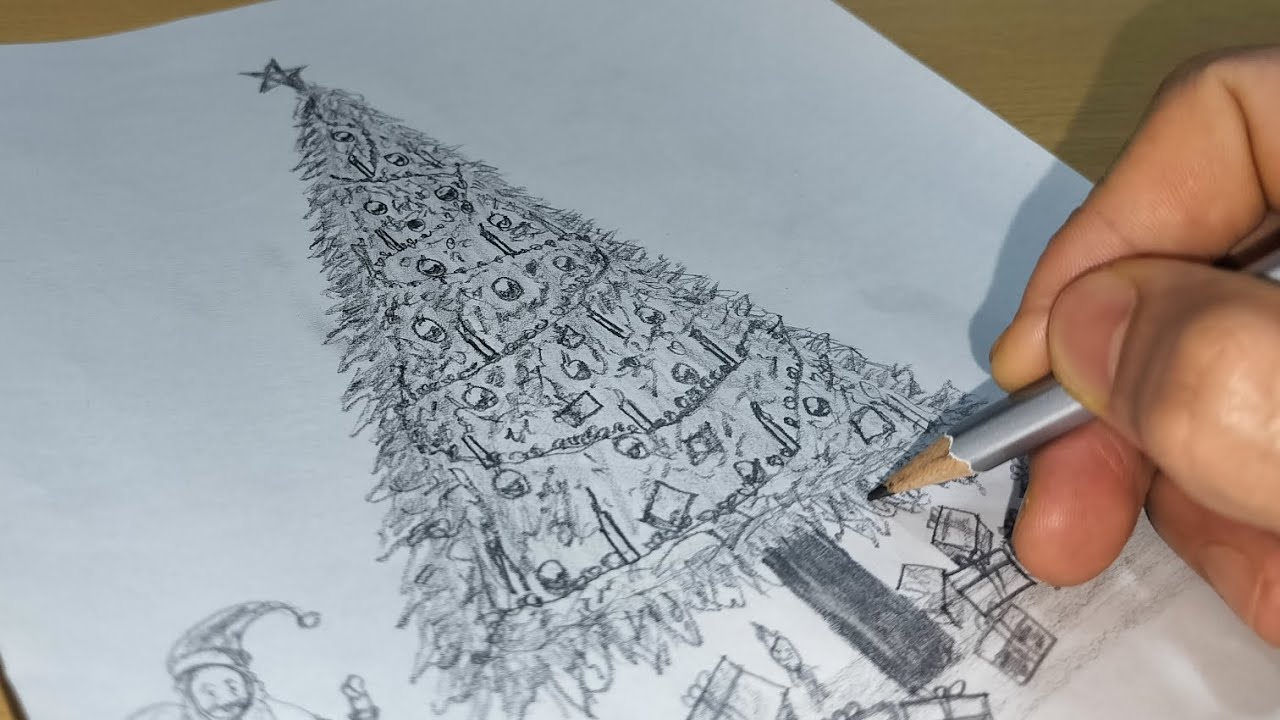Draw a Christmas tree 🎄Easy Drawing step by step | with pencil Merry ...