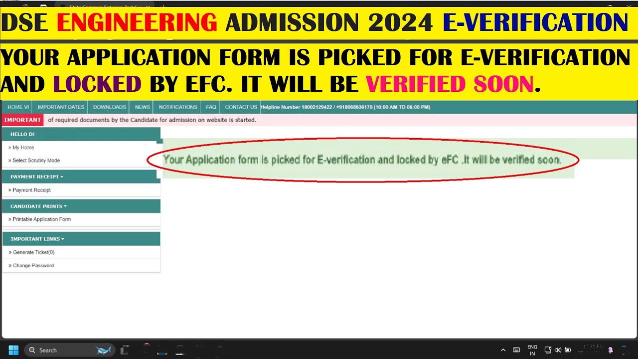 Your Application form is picked for E-verification and locked by eFC ...