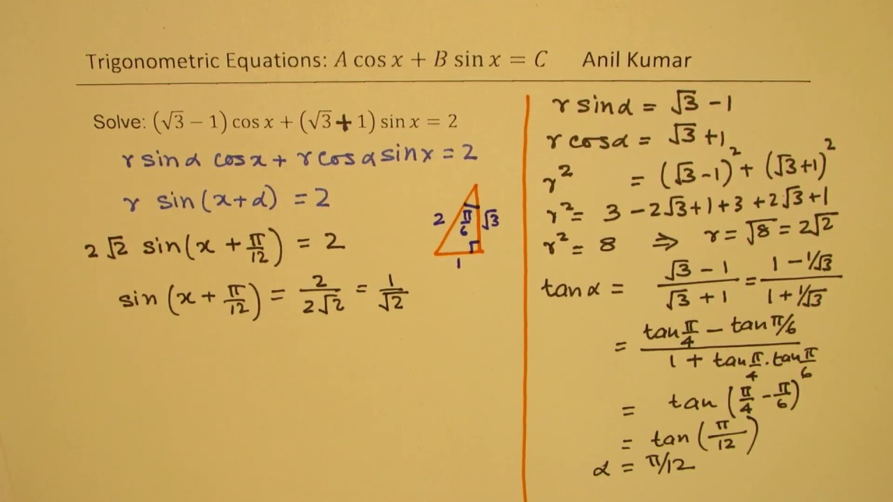 Solve Trigonometric Equation 3 1 Cos x 3 1 Sin x 2 YouTube