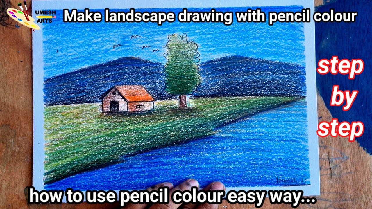colour pencil landscape drawing...step by step || easy landscape ...