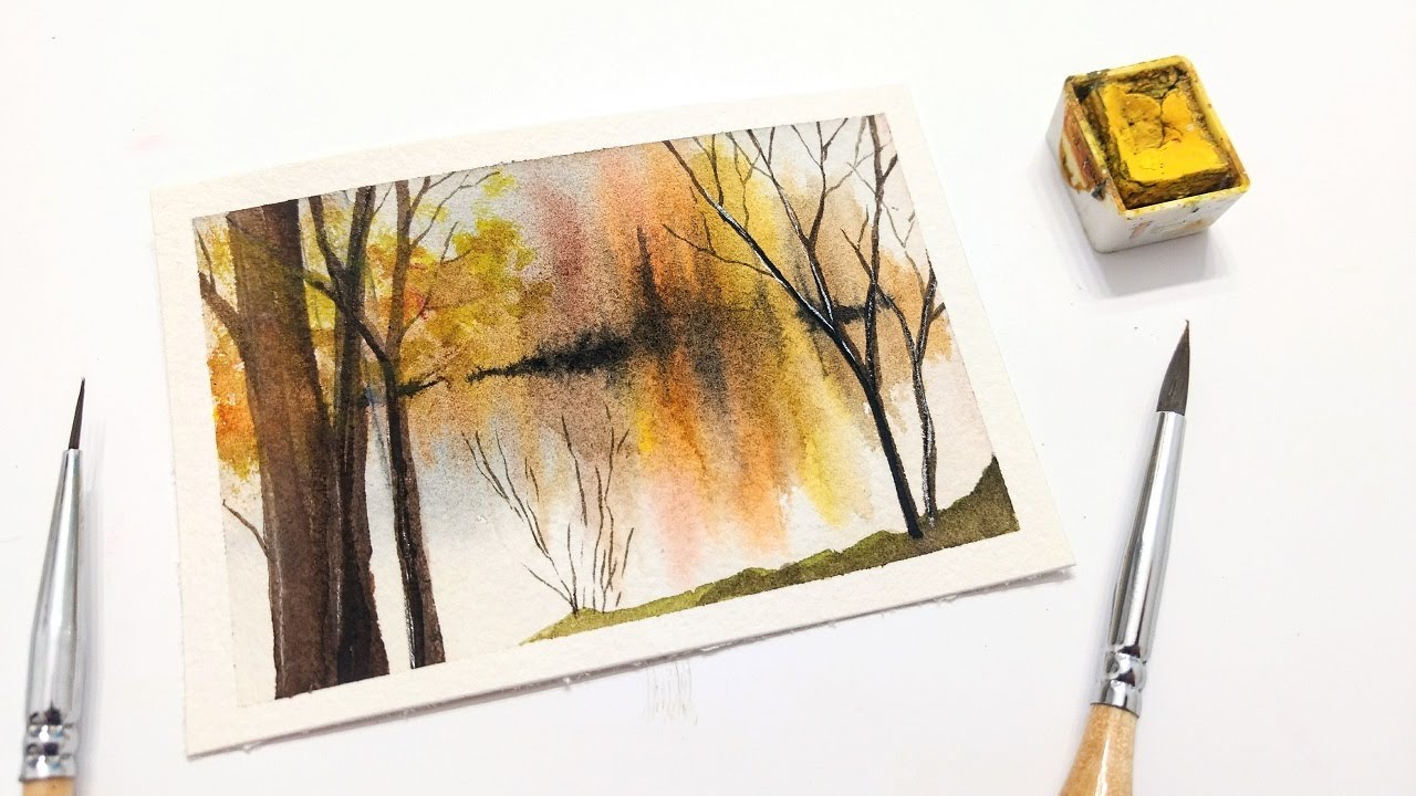 Watercolor autumn lake reflections painting tutorial » EASY fall ...