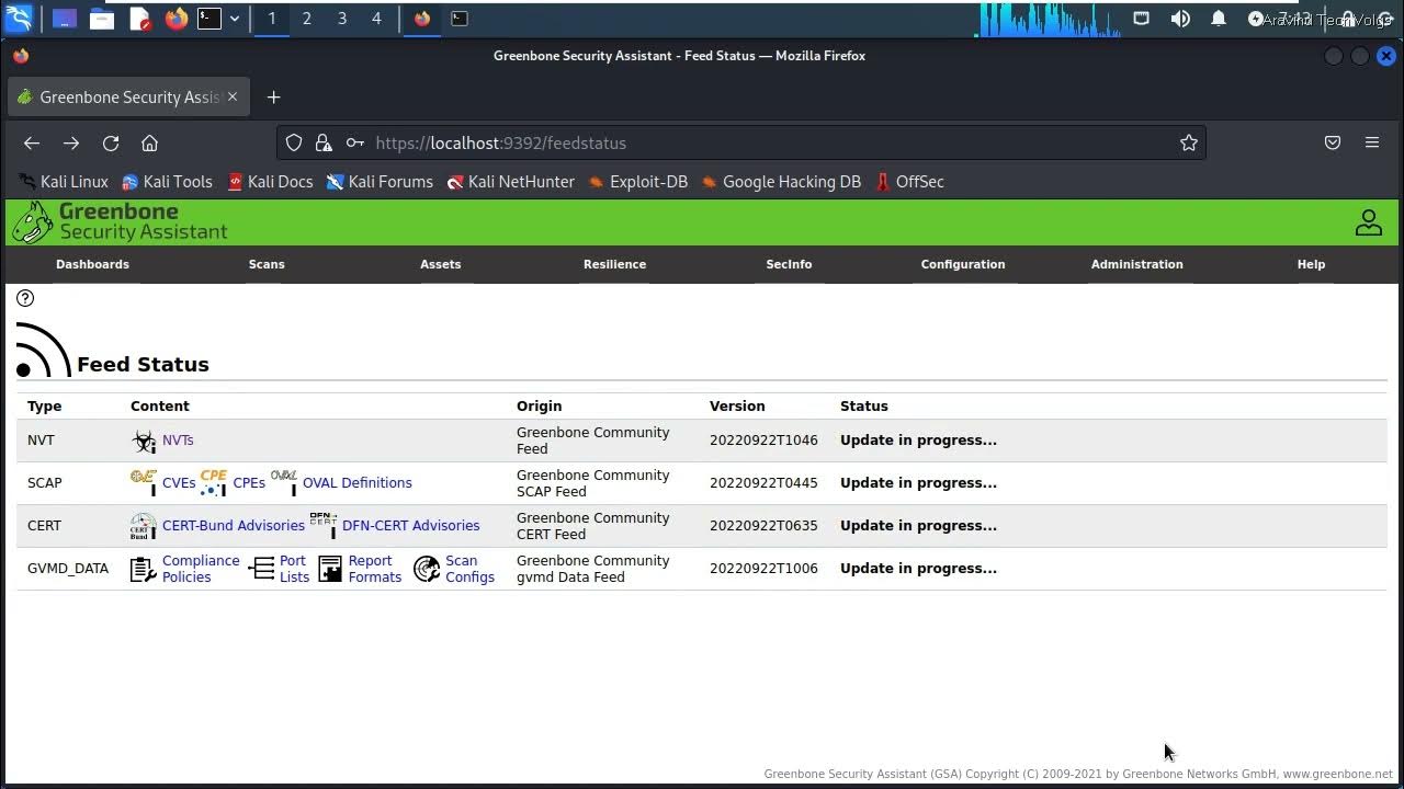 how to update feed status patch database in openvas tool in kali linux - YouTube