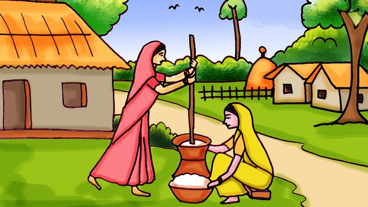 How to draw village scenery with two working women. - YouTube