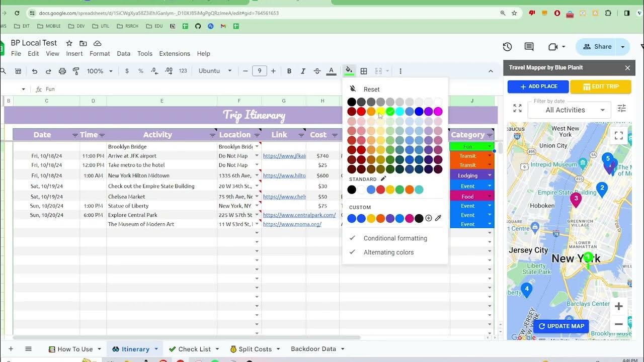 Travel Mapper Google Sheets Add-on | Custom Categories (and more) for ...