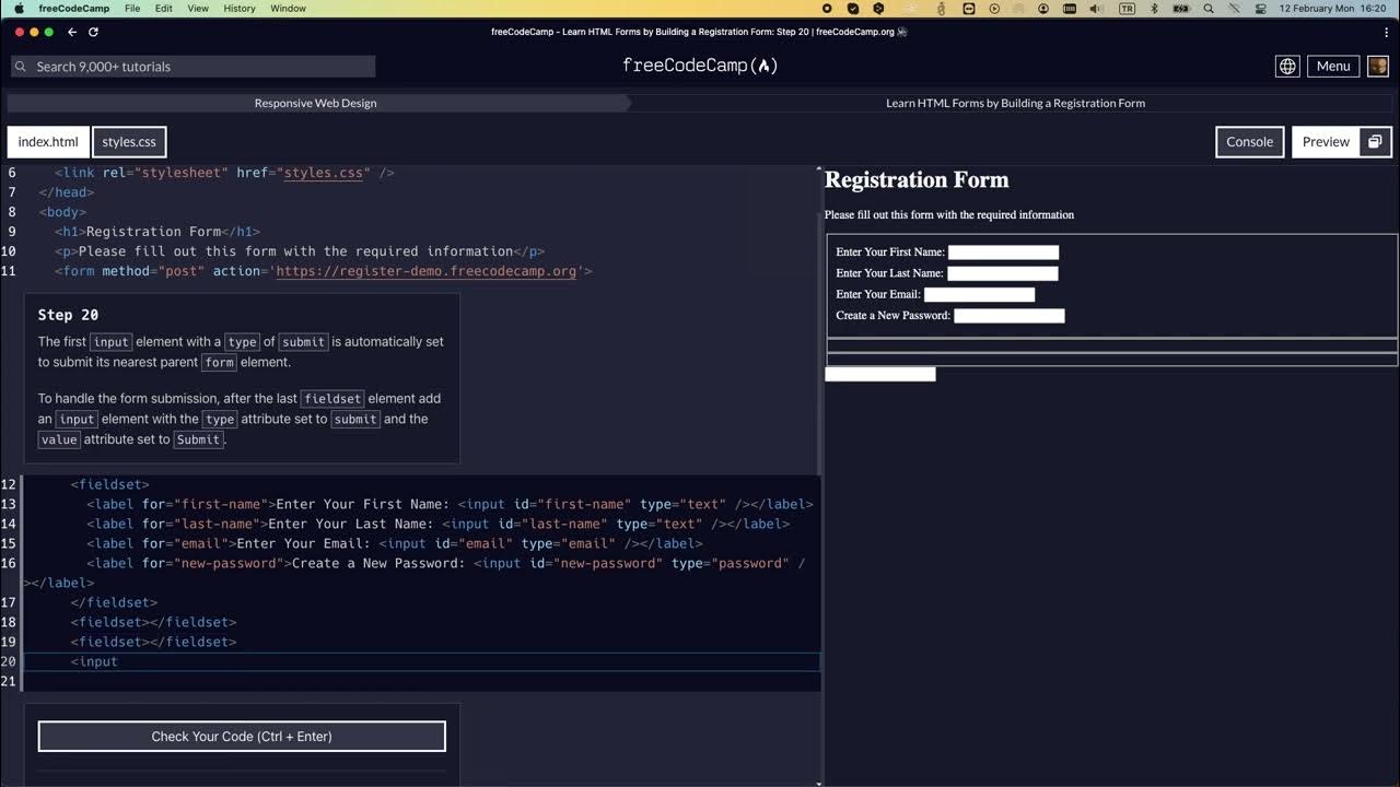 LEARN HTML FORMS BY BUILDING A REGISTRATION FORM STEP 20 #freecodecamp ...