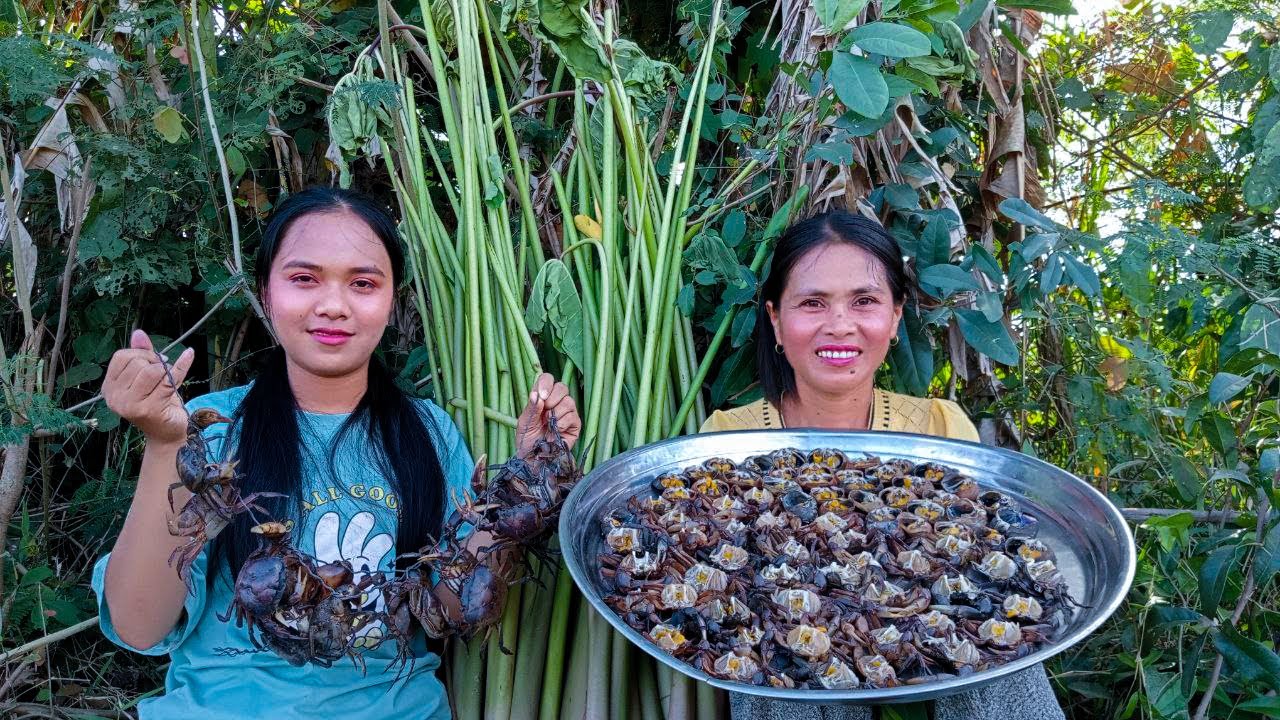 Amazing Cooking Taro Tree with Crab/Cooking Foods in Village & Eating ...