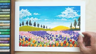 Easy Oil Pastel #5 / How to draw tulip flower garden