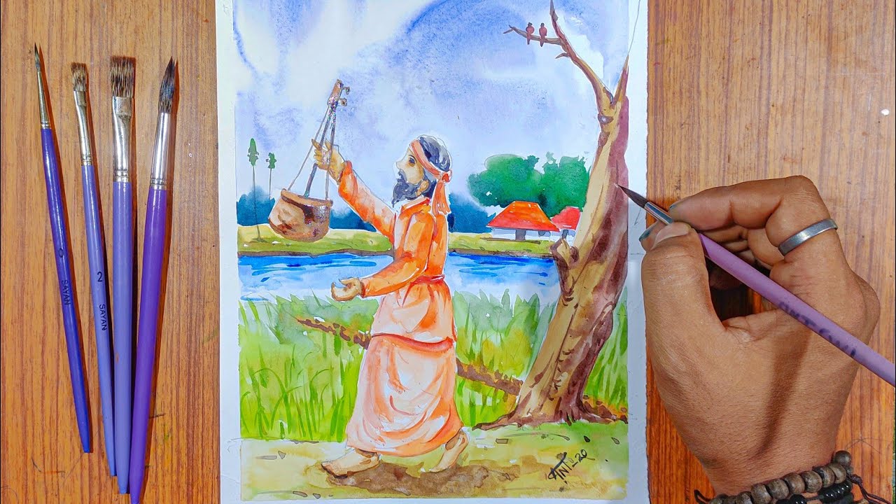 Baul drawing || Baul village scenery painting || Amar Bangla village ...