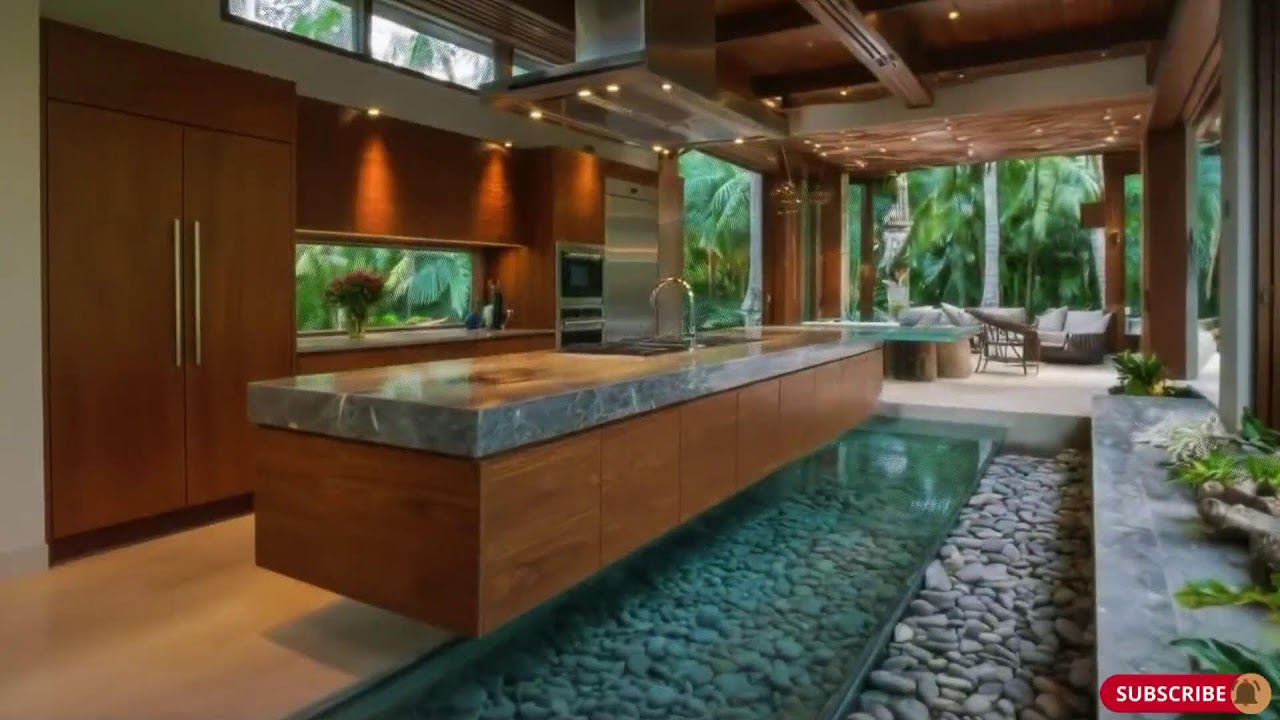 🛑 Modern Luxury Open Plan Kitchen and Dining Room with Indoor Waterfall ...