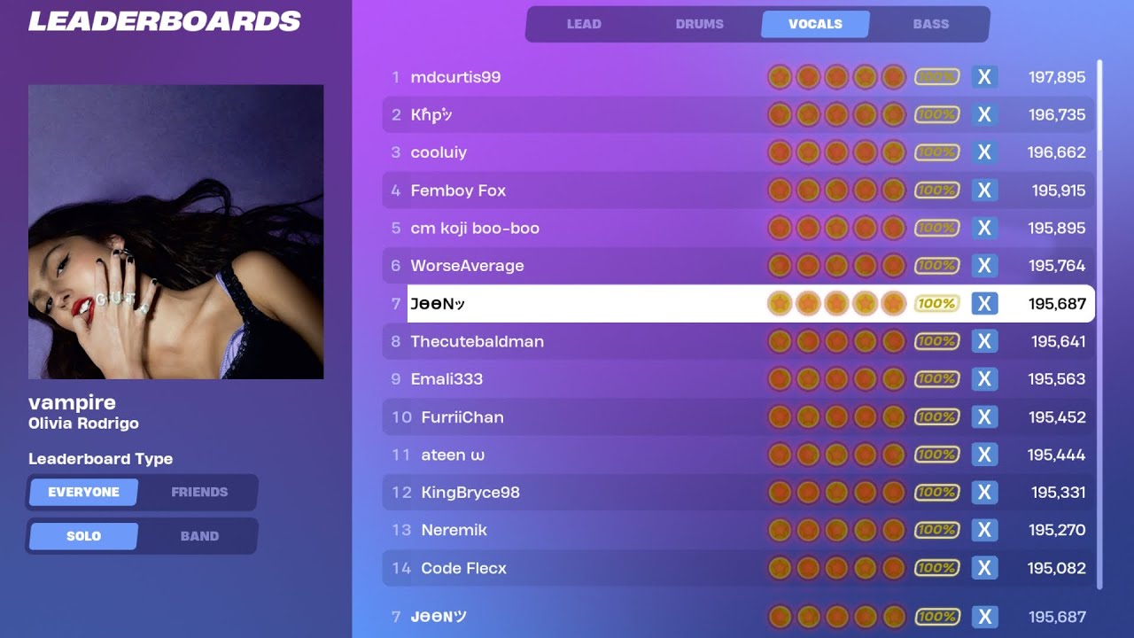 [Fortnite Festival] Vampire Expert Vocals 100% FC - (195,687) - YouTube