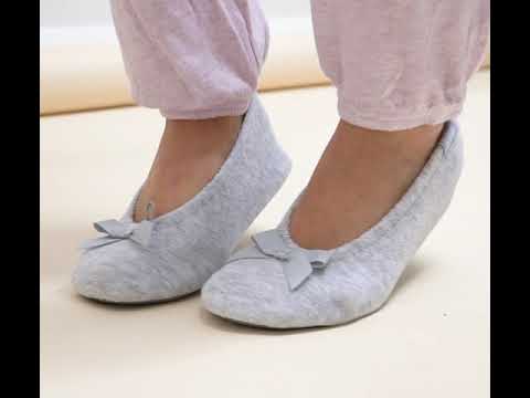 Totes Isotoner STRETCH TERRY BOW Ladies Ballet Slippers Grey | House Of Slippers