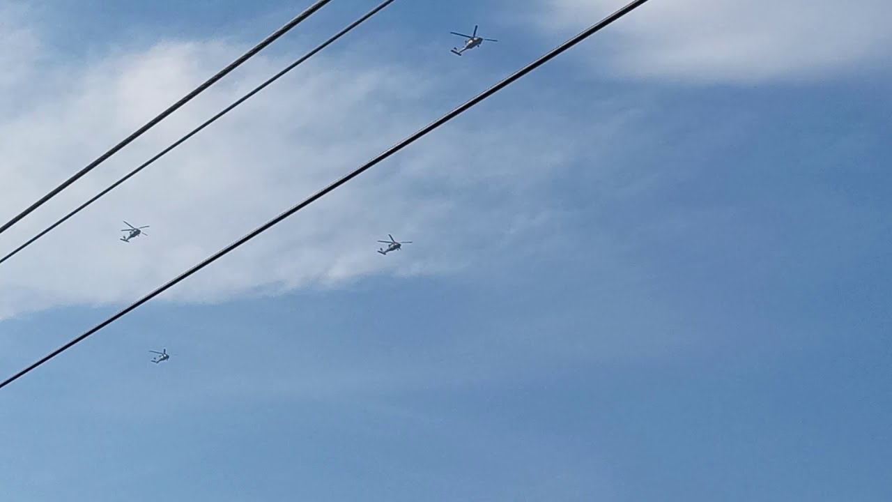 4 UH-60 Blackhawks and an AH-64 Apache Flyover - YouTube