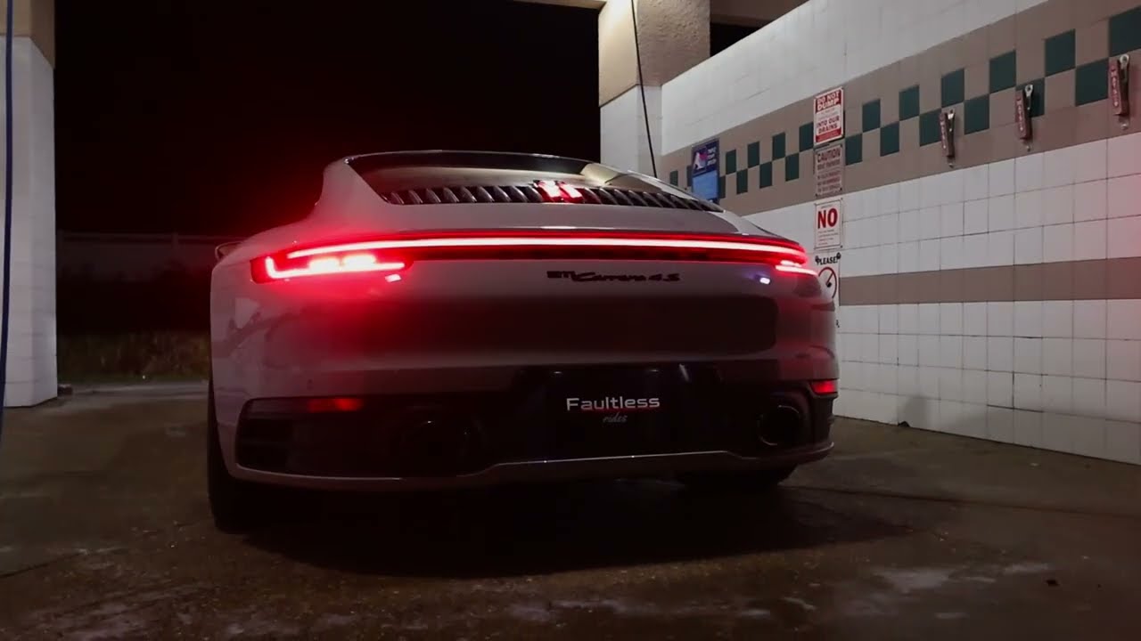 Wife washes Porsche Carrera 911 at night. (992 C4s Chalk) - YouTube