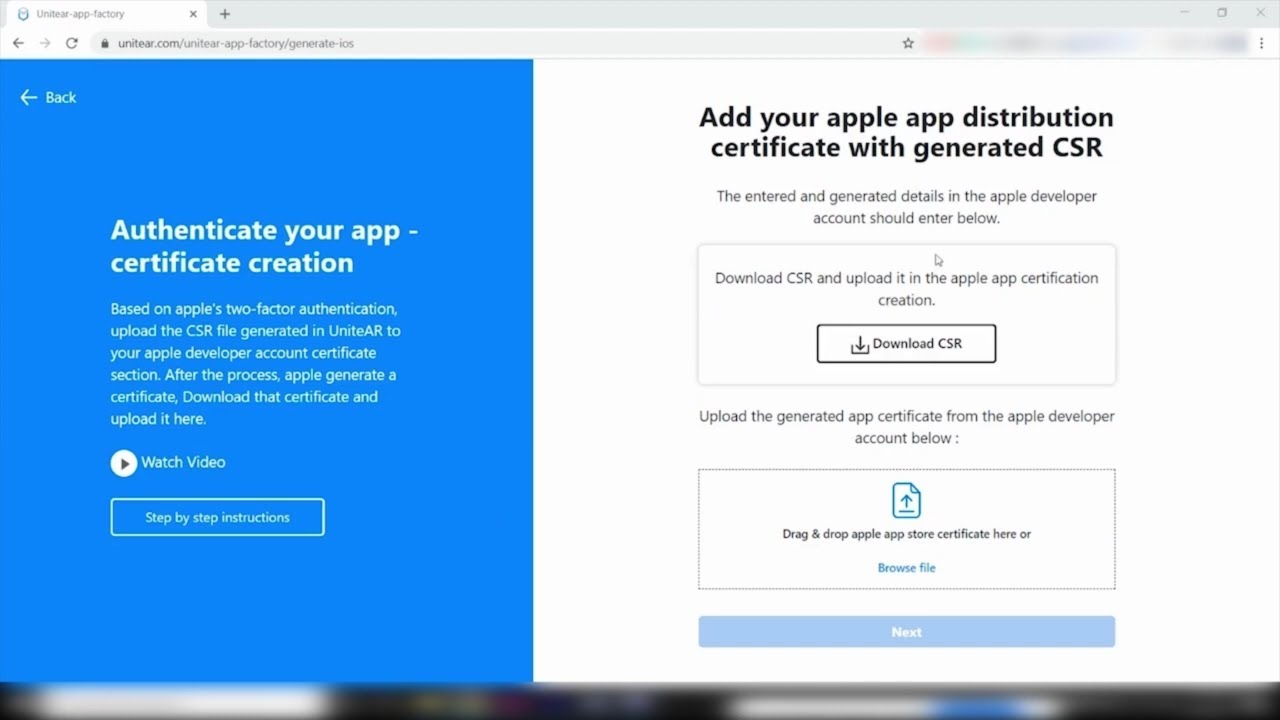UniteAR App creator iOS export: step 3 process - add apple distribution ...