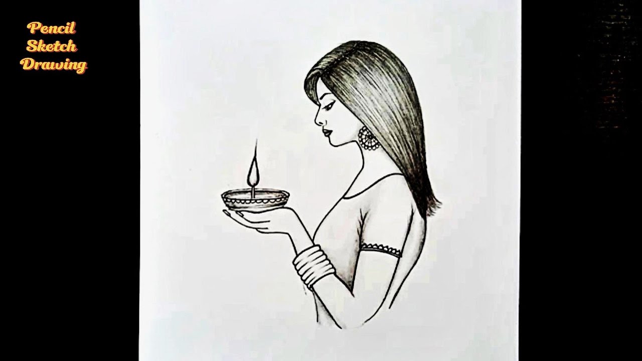 How to Draw Girl with Diya | Pencil Sketch Drawing for Beginners ...