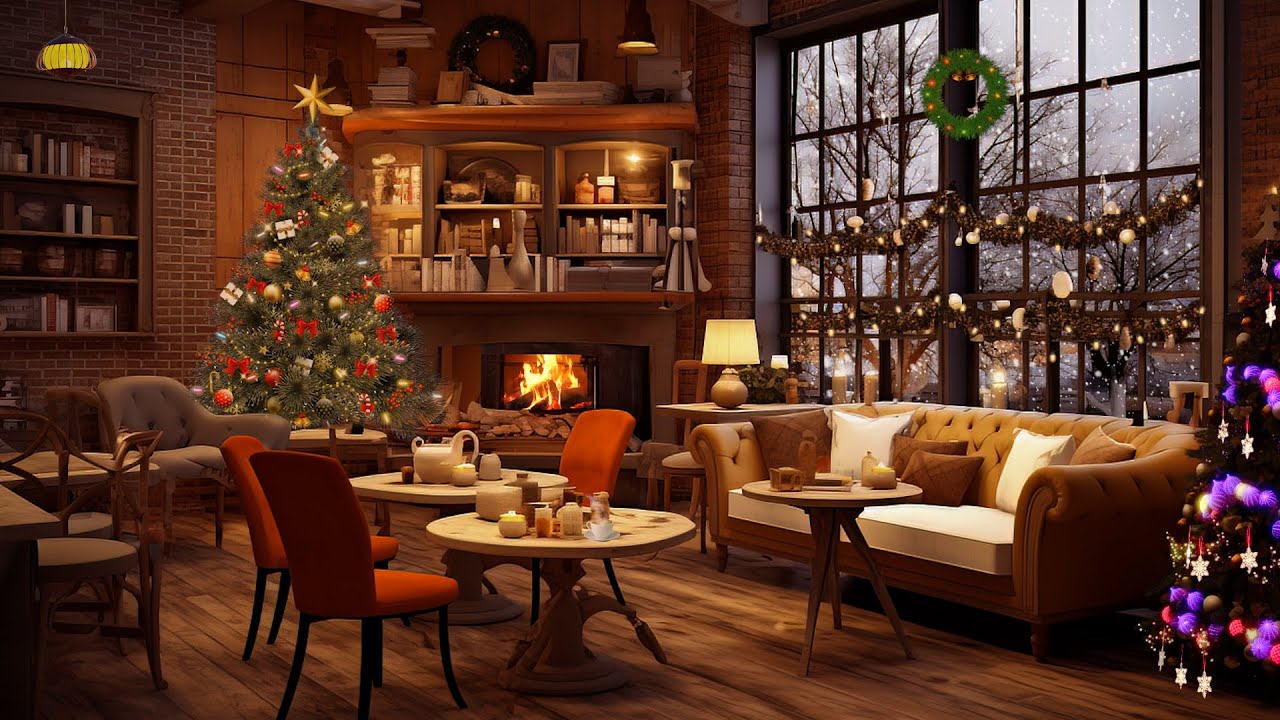 Caffeine & Calm Coffee Shop with Crackling Fireplace, Snowy Blizzard ...