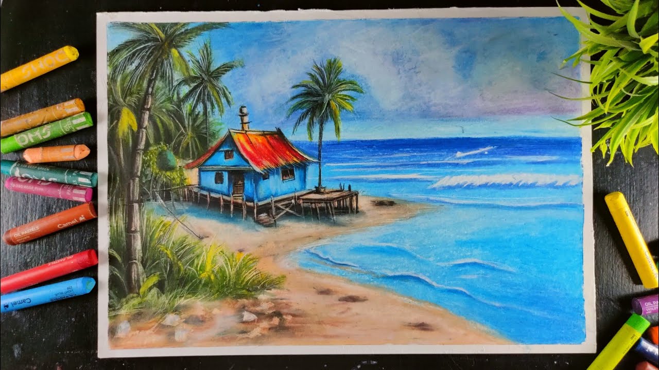 Beach Oil Pastel Landscapes Seascape, Coast, Lovers' Walk On The
