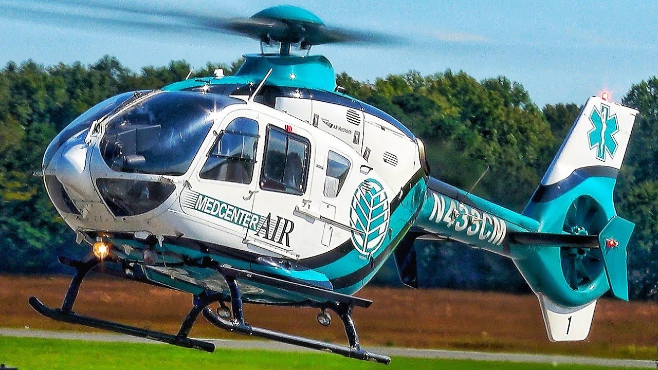 MedCenter AIR EC135 Helicopter N433CM :Engine startup, Takeoff and ...