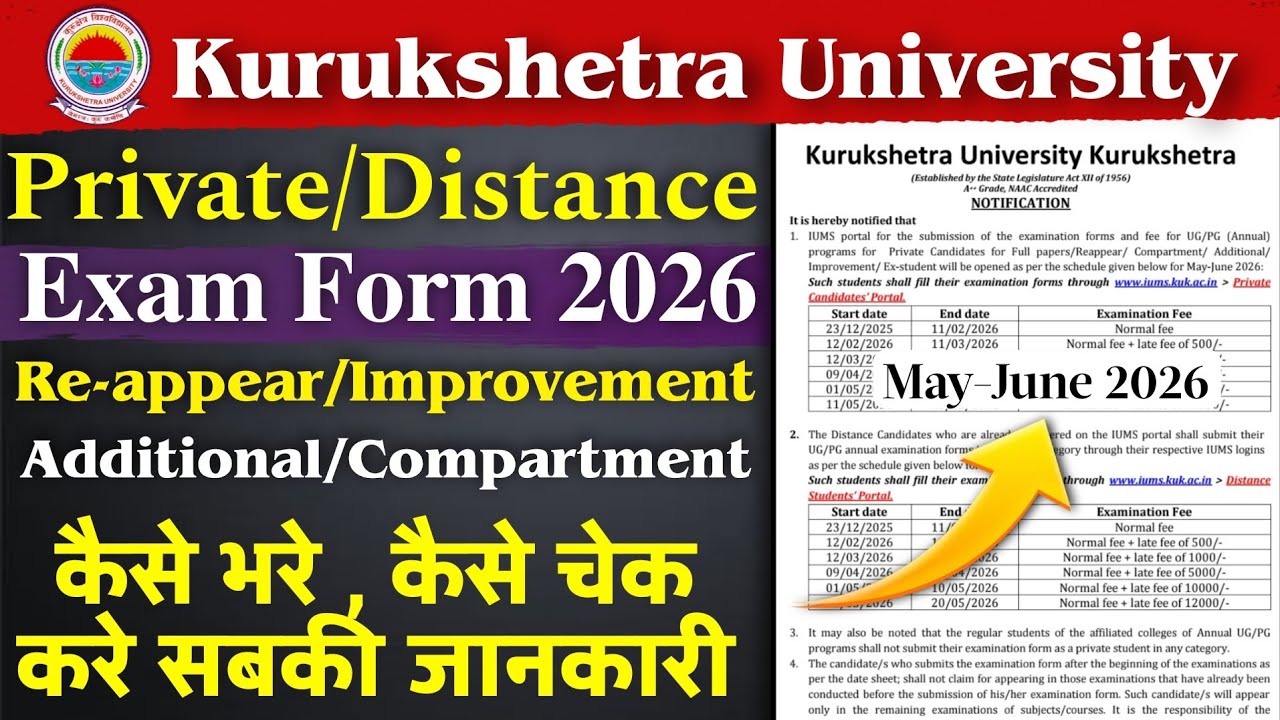 Kuk Private/Distance exam form 2026|kuk University Re-appear Additional ...