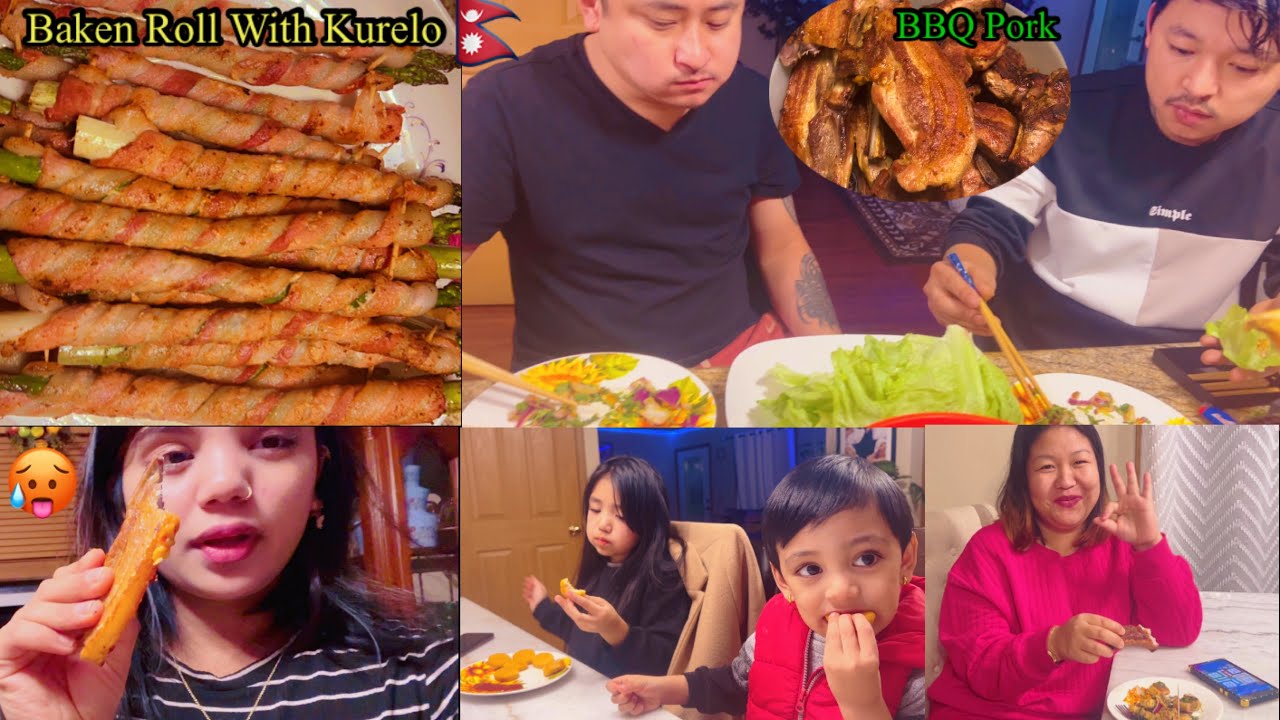 Nepali Mukbang Bacon 🥓 Roll With Kurelo Ani Pork 🔥😡BBQ Gareako Enjoying ...