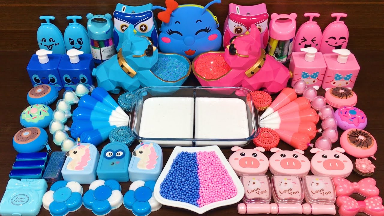 PINK vs BLUE ! Mixing Random Things into GLOSSY Slime ! Satisfying ...