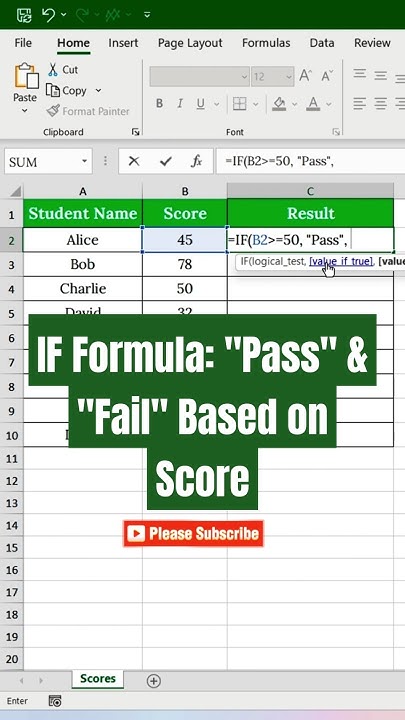 IF Function to Assign 'Pass' or 'Fail' Based on Scores! #excel - YouTube