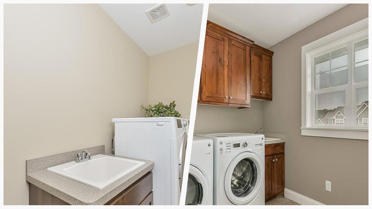 75 Linoleum Floor Laundry Room With Medium Tone Wood Cabinets Design ...