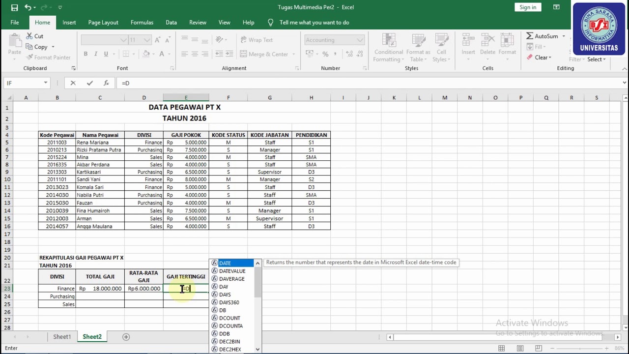 Tutorial Rumus Exce sheet2 - YouTube