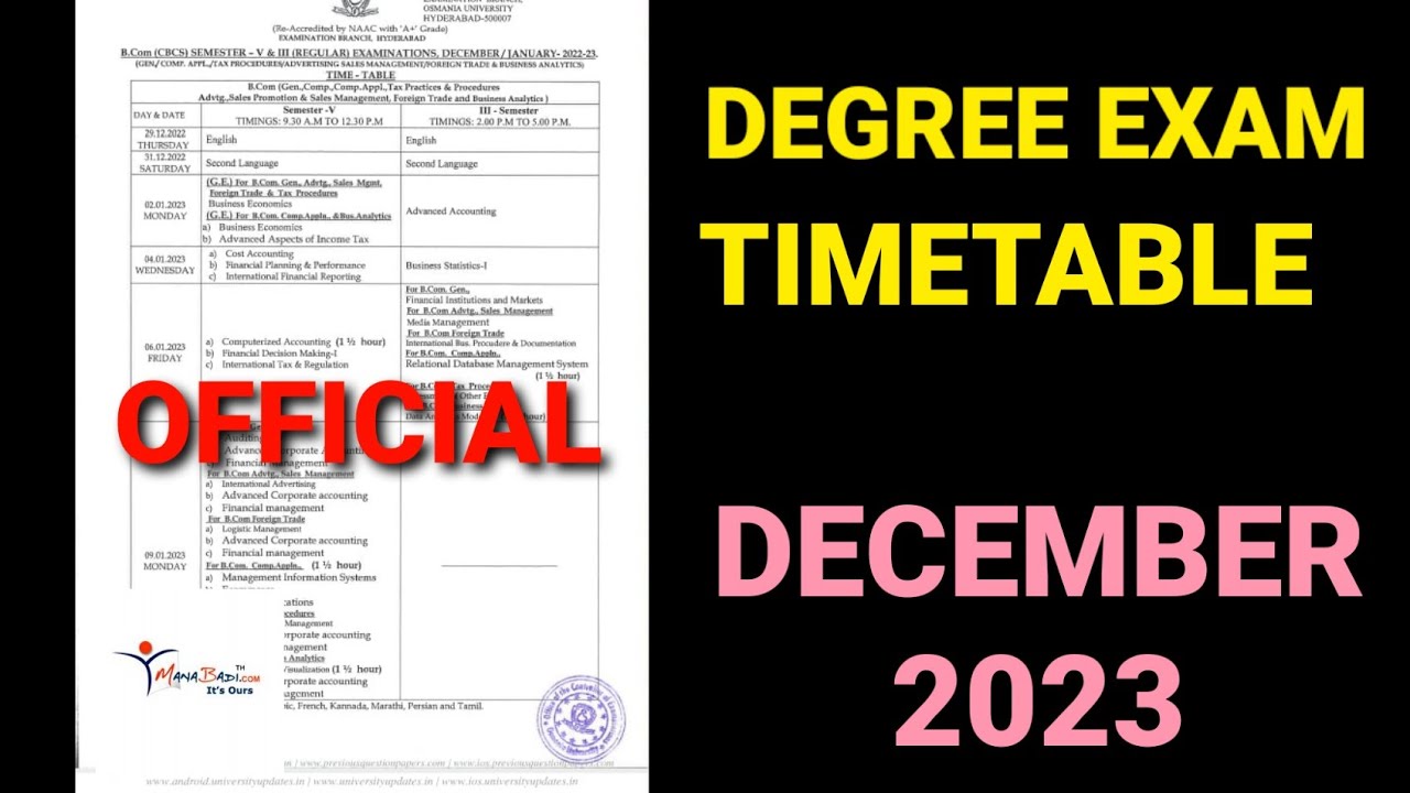 OSMANIA UNIVERSITY B.COM 3RD AND 5TH SEMESTER TIME TABLE DECEMBER 2022 ...