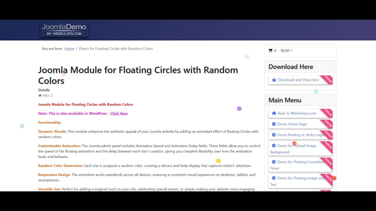 Joomla and WordPress demo for floating circle animation for website - YouTube