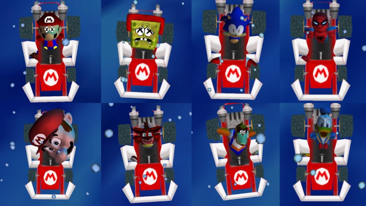 All Characters falling down with Karts in Dark Lava in Super Mario 64 ...
