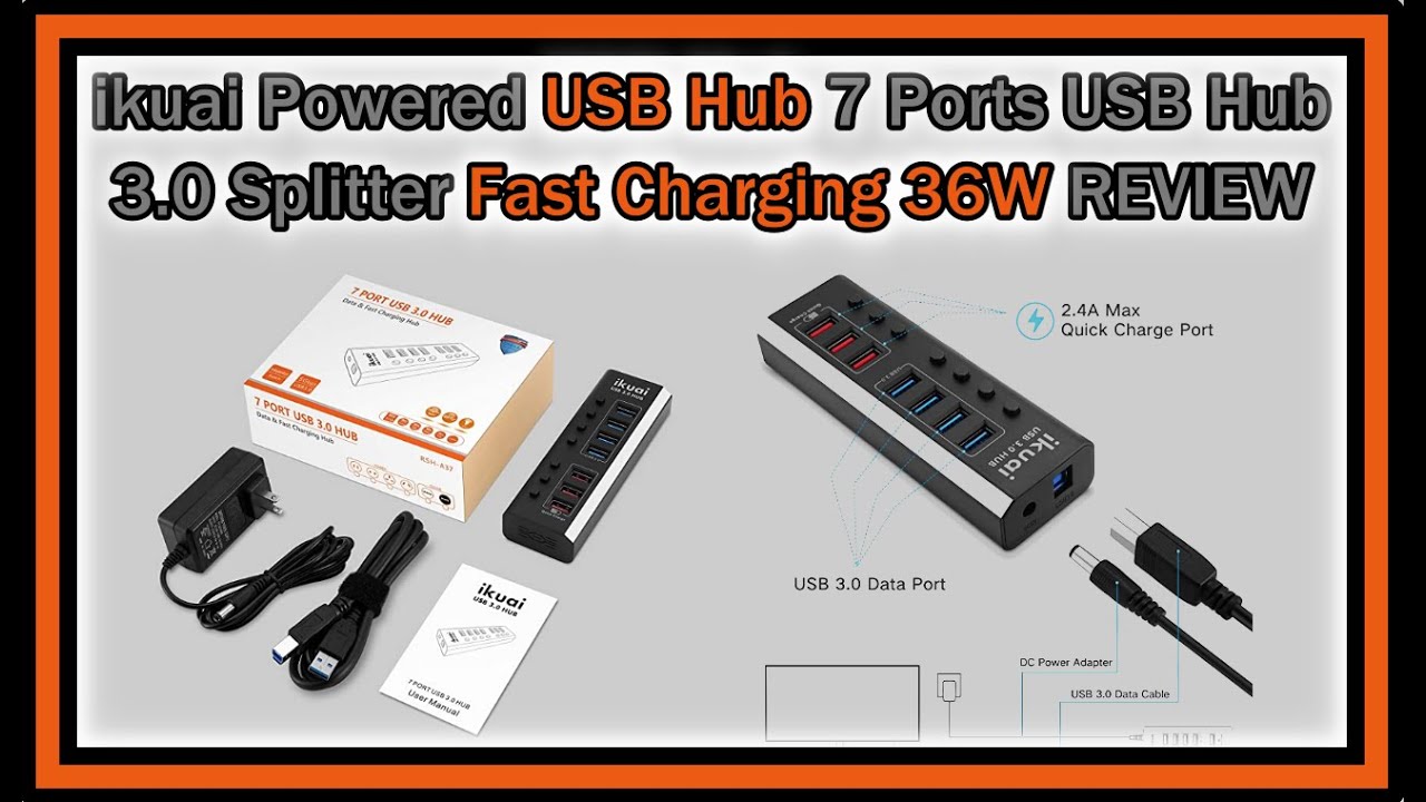 IKUAI Powered USB 3.0 Hub 7 Ports Splitter 36W 12V/3A Adapter and ...