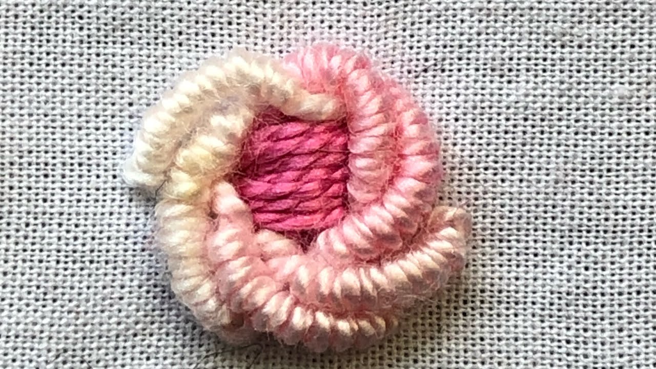 26. Bullion knot rose with padded satin centre - stitch along - fabric ...