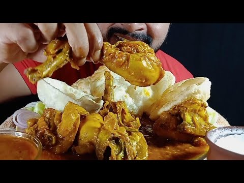 SPICY CHICKEN CURRY WITH LUCHI PURI AND SALAD 🥗 WITH DAHI#MUKBANG#ASMR# ...