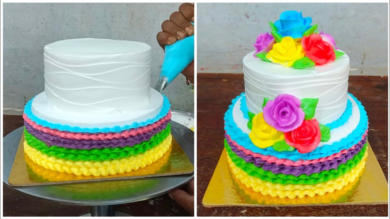 Mix Fruit Double Tier Cake | Oddly Colorful Cake Decorating | How to ...