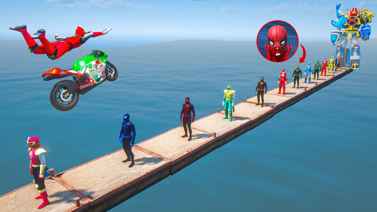 POWER RANGERS TEAM & SpiderMan ARMY Racing Jump From The Sky Challenge ...