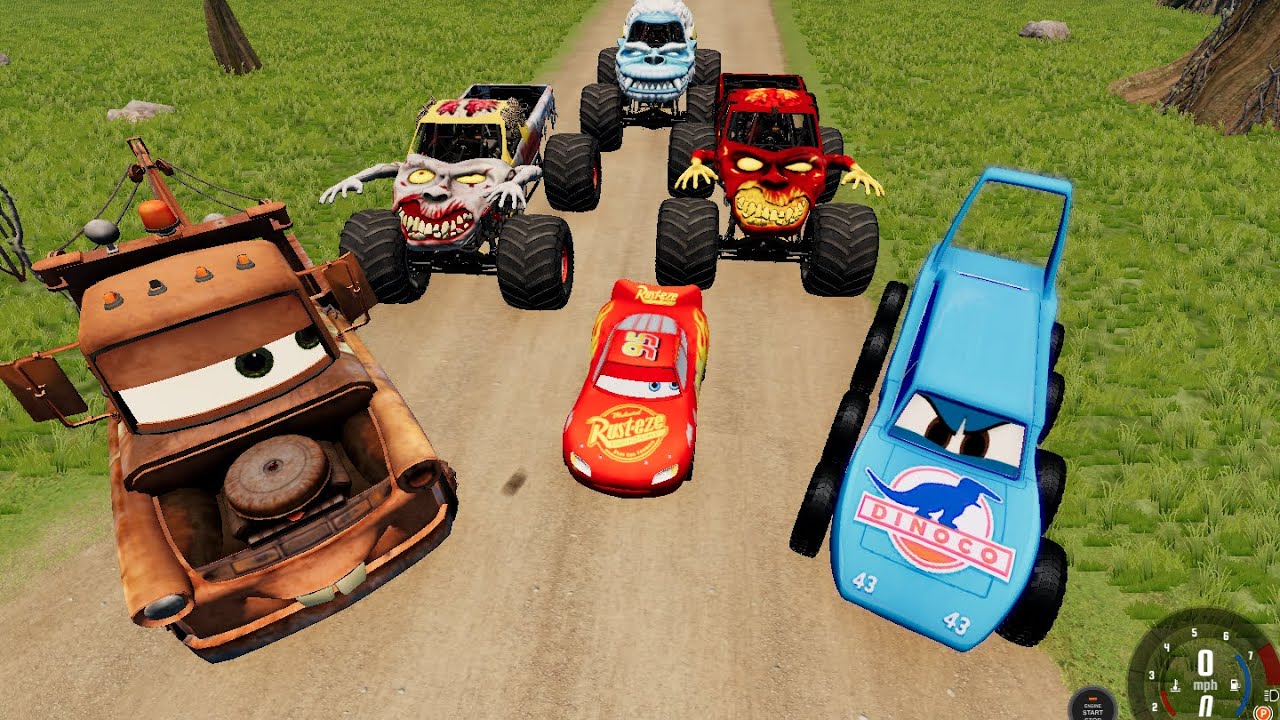 Lightning McQueen and Tow Mater vs ZOMBIE Pixar cars vs MONSTER Dinoco ...