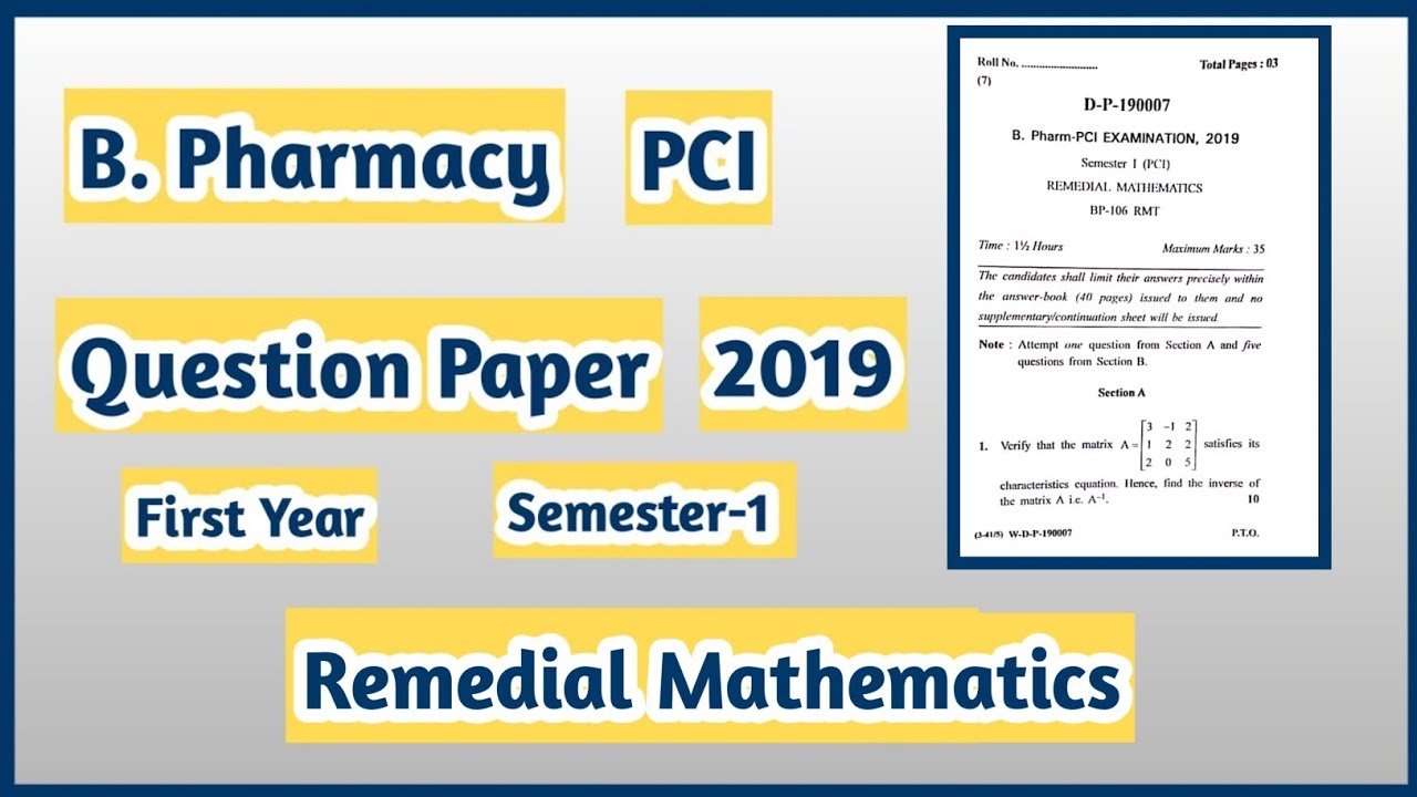 B. Pharmacy Remedial Mathematics Questions Paper 2019 || PCI Questions ...
