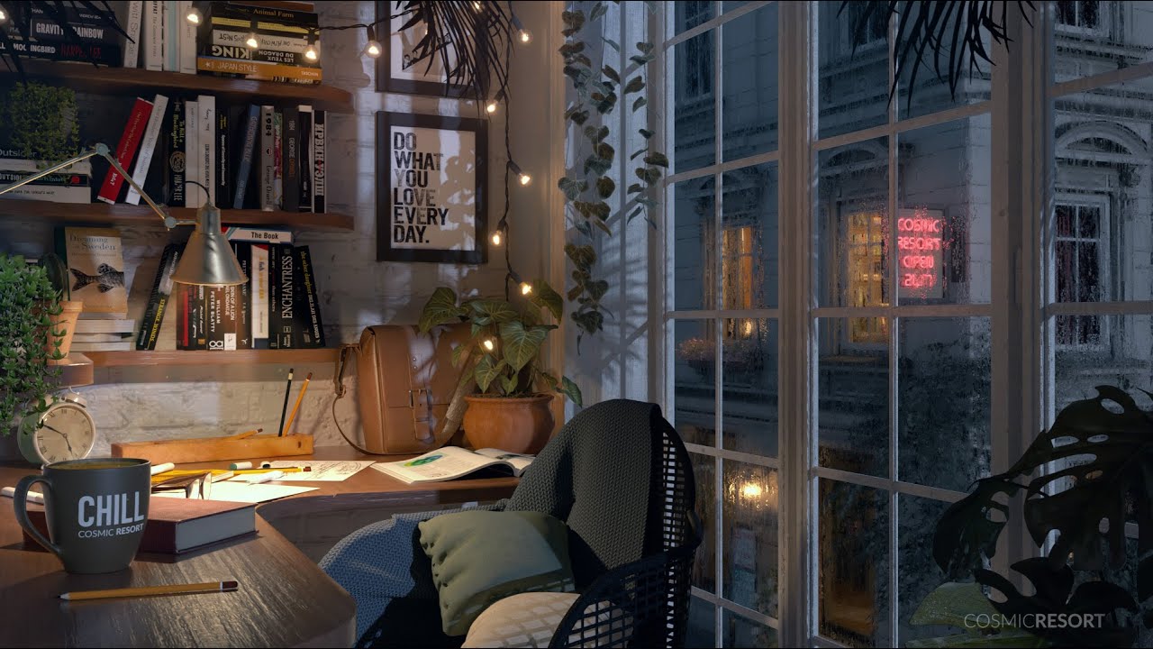 Study Desk by the window with street view at NIGHT / full glass windows ...