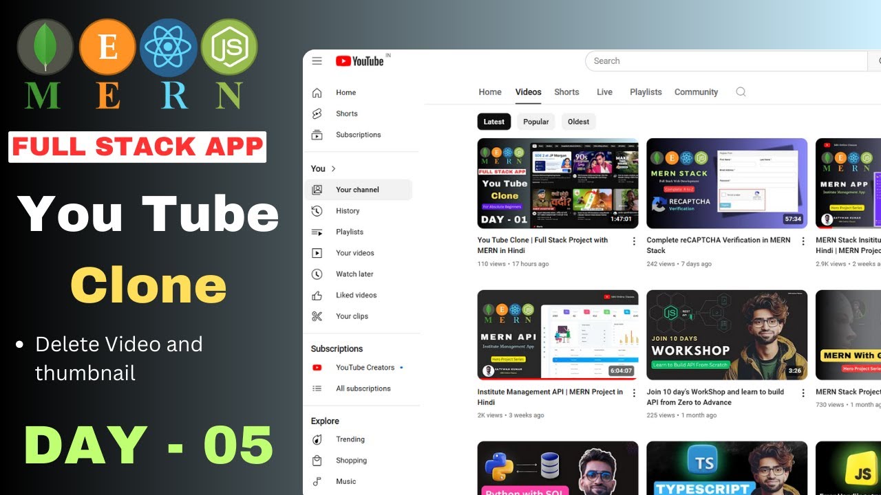 You Tube Clone | Delete Video | Full Stack Project with MERN in Hindi| Day - 5 - YouTube
