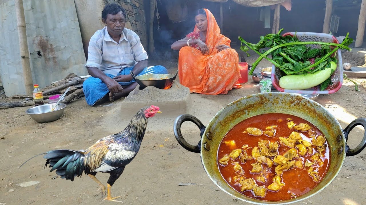 tribal couple cooking and eating COUNTRY CHICKEN curry & PUI KUNDRU ...