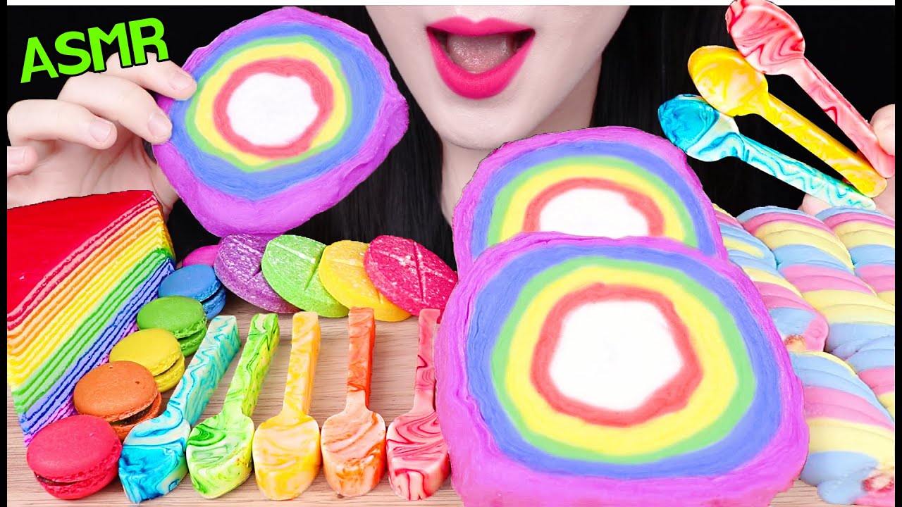 ASMR RAINBOW EDIBLE SPOON, COTTON CANDY, CREPE CAKE, MARSHMALLOWS 무지개 ...