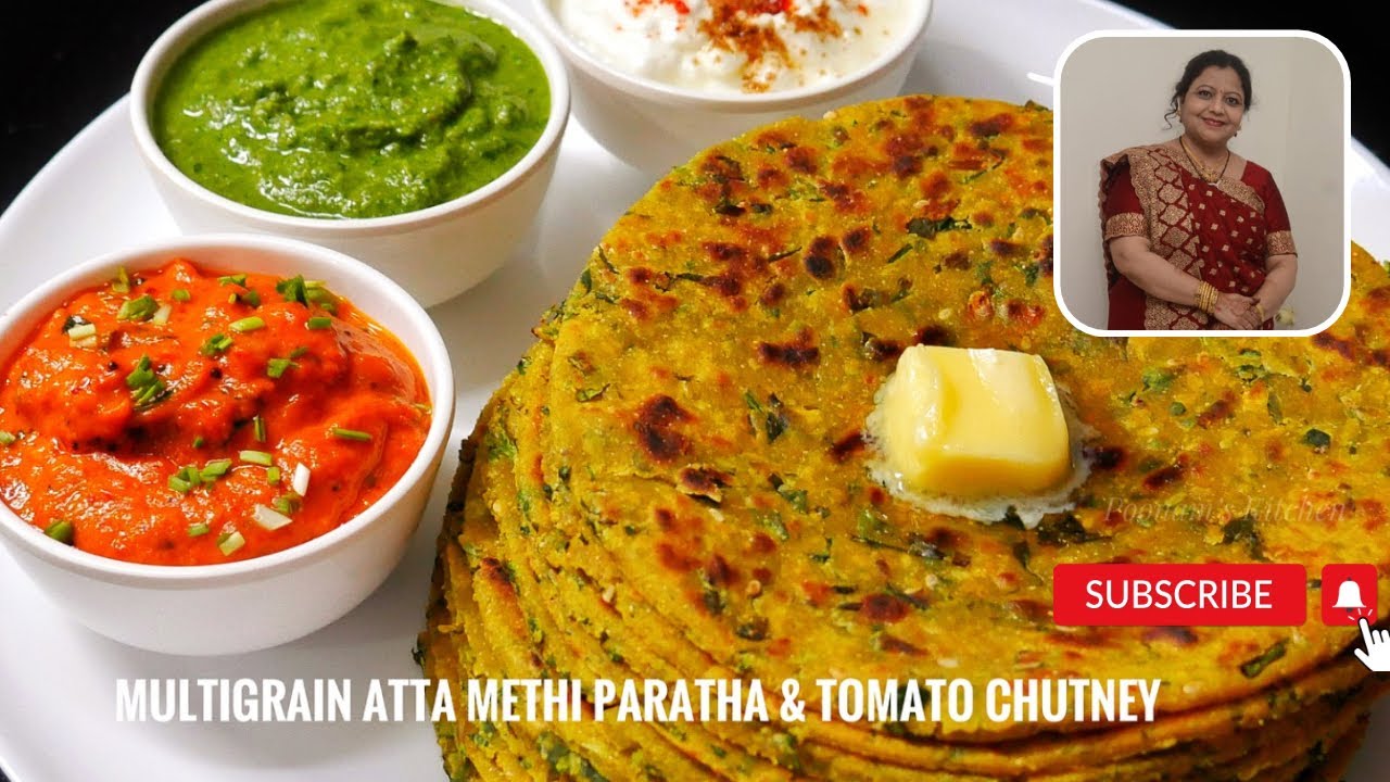 Veg Multigrain Atta Methi Paratha and Chatpati Tomato Chutney | Winter ...