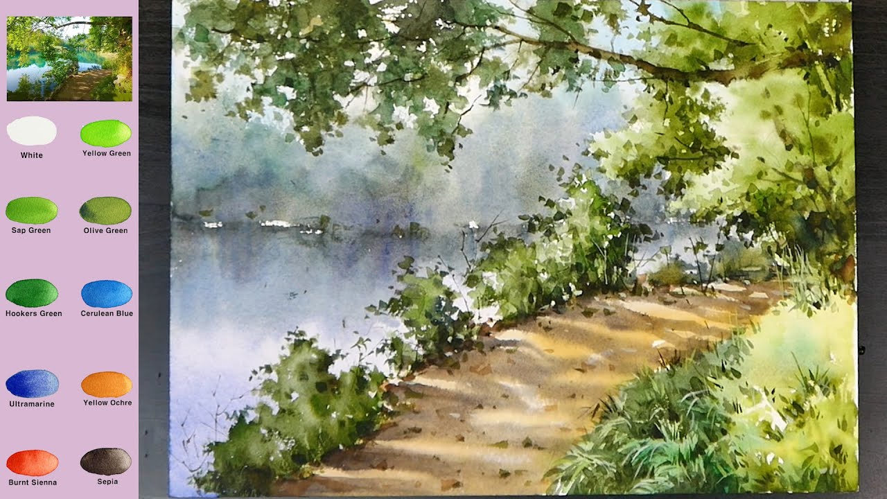 Landscape watercolor - Lakeside (color name view, watercolor material ...