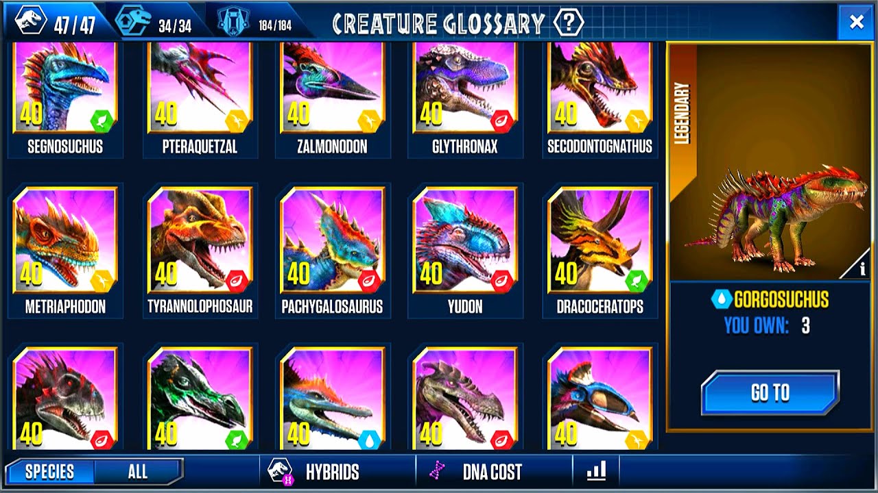 ALL DINOSAURUS HYBRID MAX 3 LEVEL 40 | JURASSIC WORLD THE GAME - YouTube